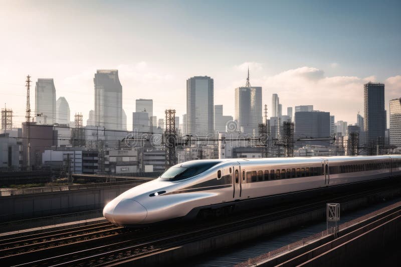 Shinkansen Bullet Train, View from the Front, with City Skyline in the ...