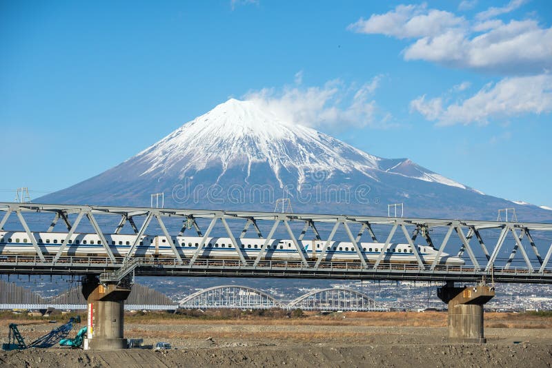 Shinkansen with View of Mountain Fuji Stock Photo - Image of bridge ...