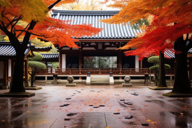 Shinto Shrine Courtyard Covered in Autumn Leaves Stock Photo - Image of ...