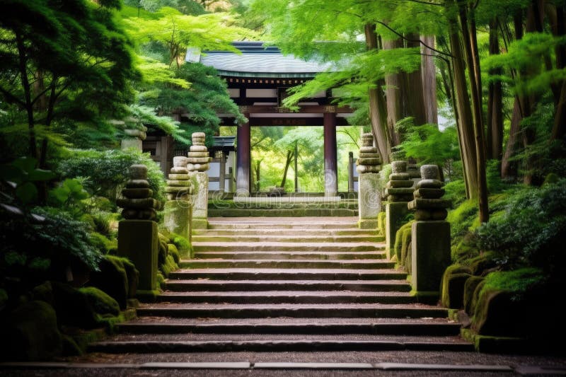 Shinto Shrine Gate at the End of a Stone Pathway Stock Illustration ...