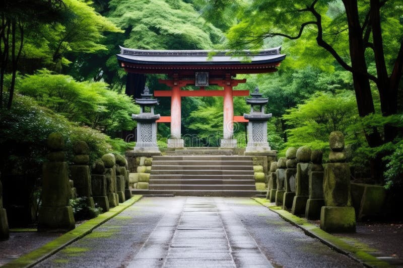 Shinto Shrine Gate at the End of a Stone Pathway Stock Illustration ...