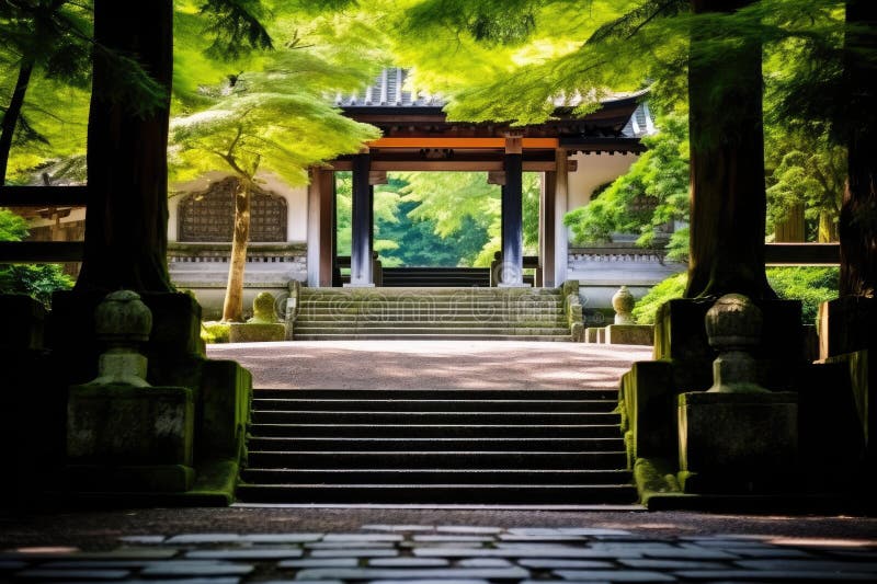 Shinto Shrine Gate at the End of a Stone Pathway Stock Illustration ...