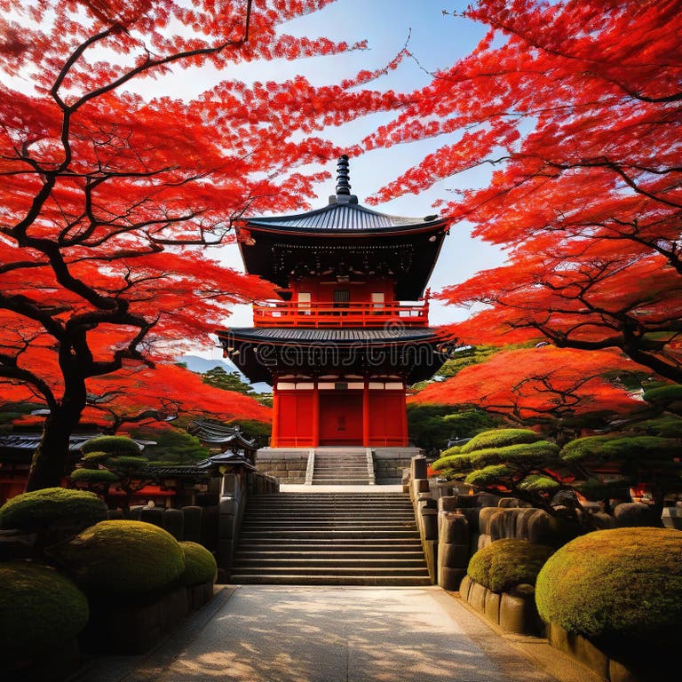 Shinto Shrine with Red Maple Trees in Designed Using Stock Illustration ...