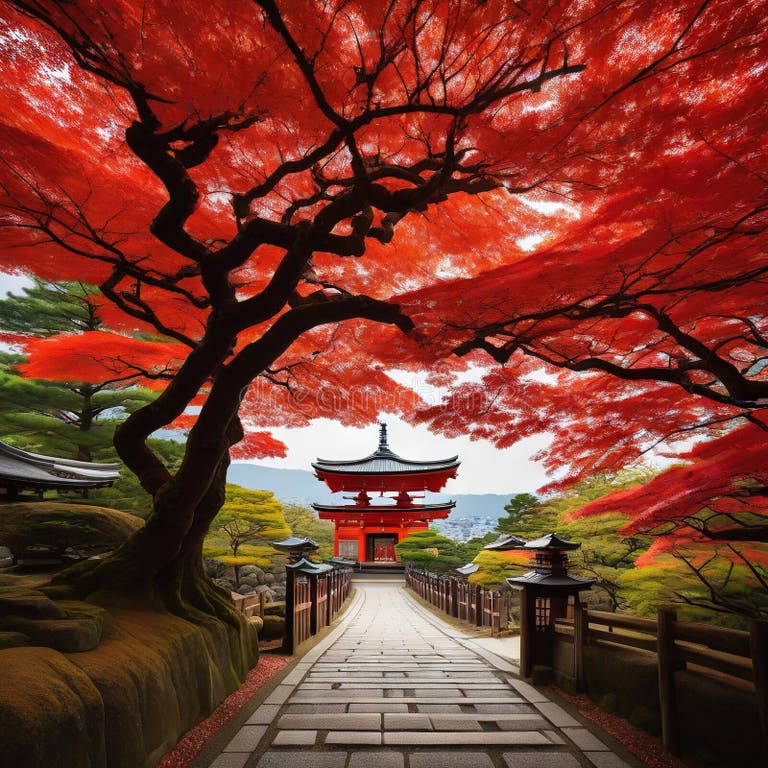 Shinto Shrine with Red Maple Trees in Designed Using Stock Illustration ...