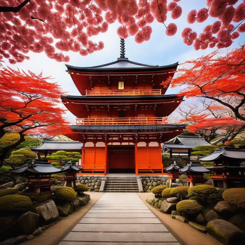 Shinto Shrine with Red Maple Trees in Designed Using Stock Illustration ...