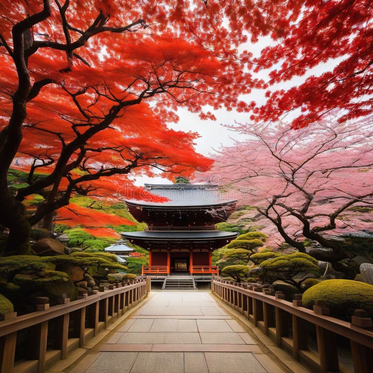 Shinto Shrine with Red Maple Trees in Designed Using Stock Illustration ...