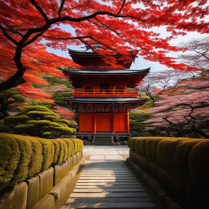 Shinto Shrine with Red Maple Trees in Designed Using Stock Illustration ...