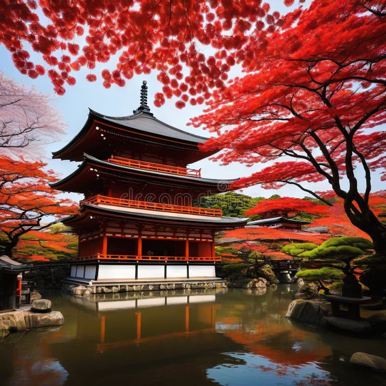 Shinto Shrine with Red Maple Trees in Designed Using Stock Illustration ...