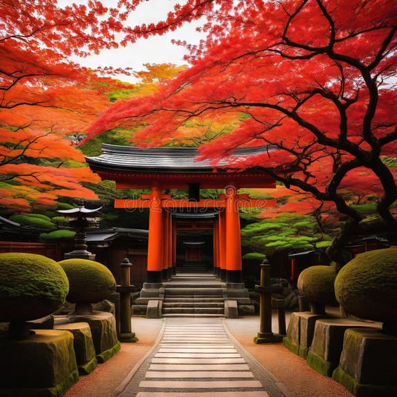 Shinto Shrine with Red Maple Trees in Designed Using Stock Illustration ...