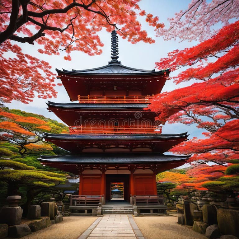 Shinto Shrine with Red Maple Trees in Designed Using Stock Illustration ...