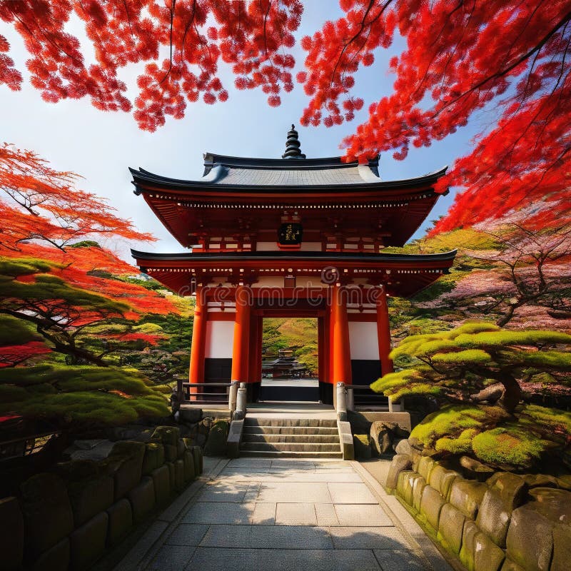 Shinto Shrine with Red Maple Trees in Designed Using Stock Illustration ...