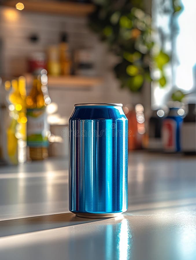 Shiny Aluminum Soda Can on a Kitchen Countertop. Stock Image - Image of ...