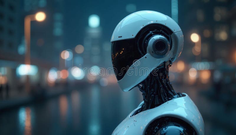 White Helmet Android Standing on Wet Streets. Stock Illustration ...