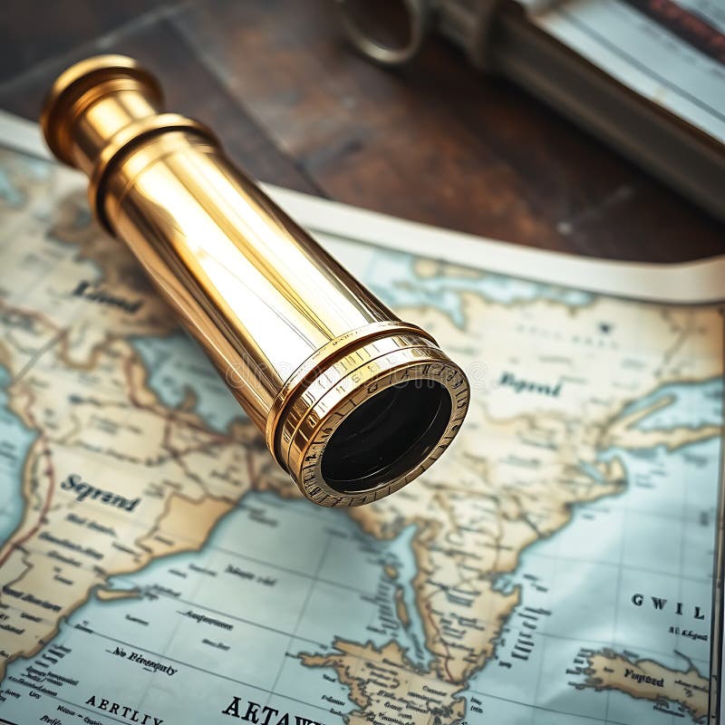 A Shiny Antique Brass Telescope Positioned on a Weathered Map Stock ...