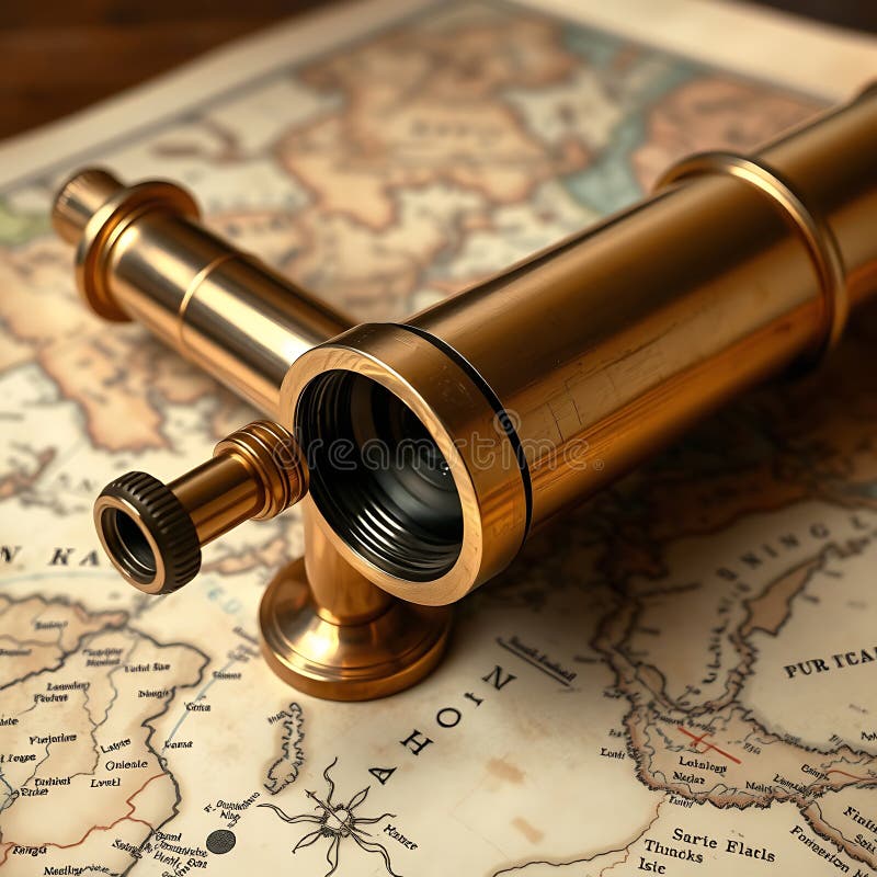 A Shiny Antique Brass Telescope Positioned on a Weathered Map Stock ...