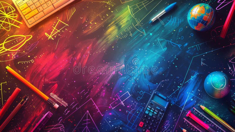 Shiny Background with Gradient of Bright School Colors, Outlines of ...
