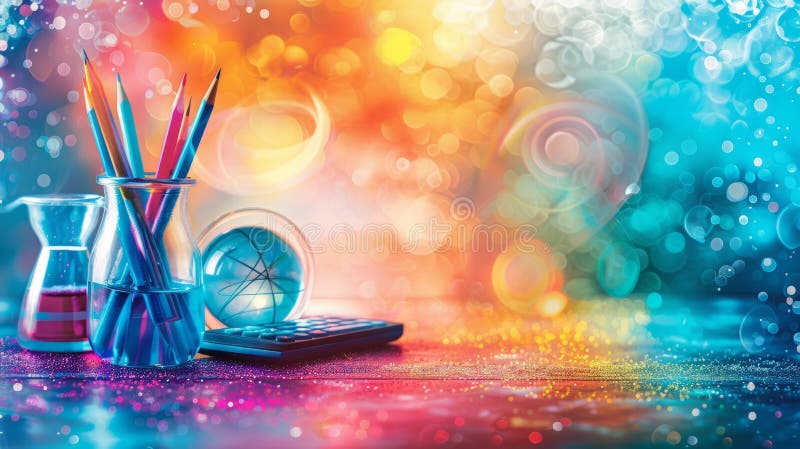 Shiny Background with Gradient of Bright School Colors, Outlines of ...