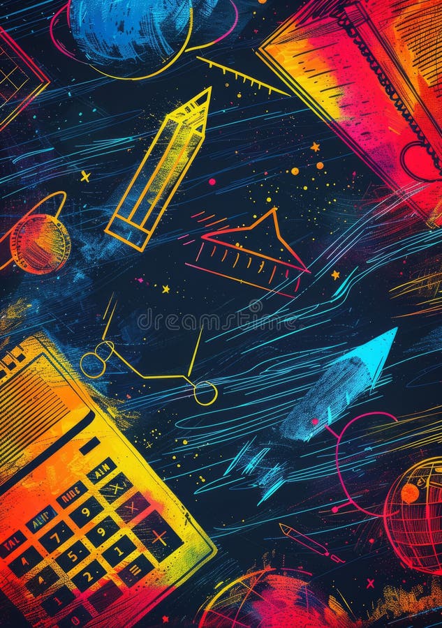 Shiny Background with Gradient of Bright School Colors, Outlines of ...