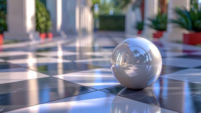 A Shiny Ball on a Tiled Floor with Palm Trees in the Background, AI ...