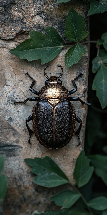 A Shiny Beetle on a Stone Surface, Surrounded by Green Leaves. Stock ...