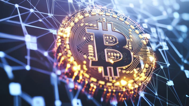Shiny Bitcoin Logo on Digital Backdrop with Glowing Lines and Dots in ...