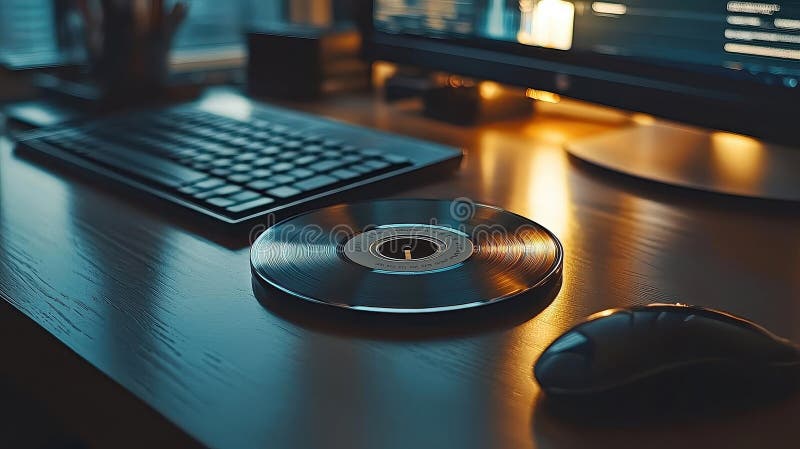 A Shiny Black Disk on a Desk with a Keyboard and Mouse, a Close-Up ...