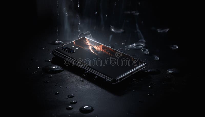 Shiny Black Mobile Phone Drops in Wet Reflection, Wireless Technology ...