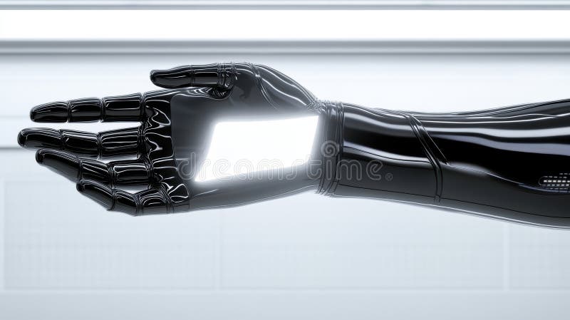 Sleek Robotic Arm with a Glowing Panel Extends in a Futuristic Setting ...
