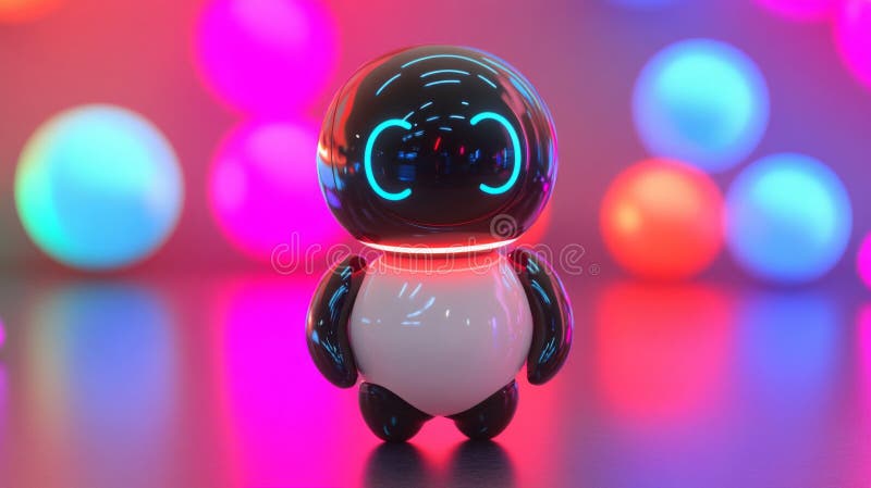 A Shiny Black and White Robot with Blue Eyes Stands in Front of a Pink ...