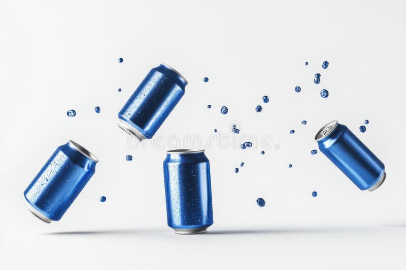 Shiny Blue Aluminum Cans Falling and Bouncing on a White Surface, Ice ...