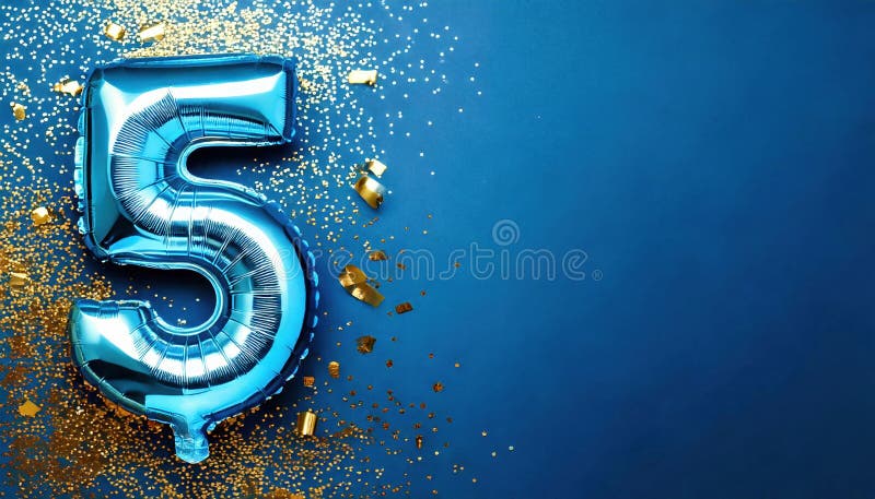 Celebratory Blue Number Five Balloon with Glittering Confetti on a Blue ...