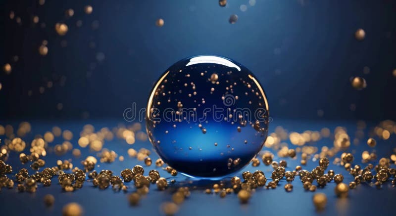 Shiny Blue Glass Ball with Water Drops on Blue Background, Creating ...