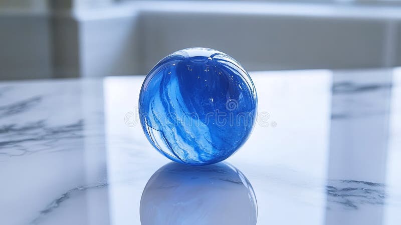 A Shiny Blue Marble Placed on a Smooth, Reflective White Table. Stock ...