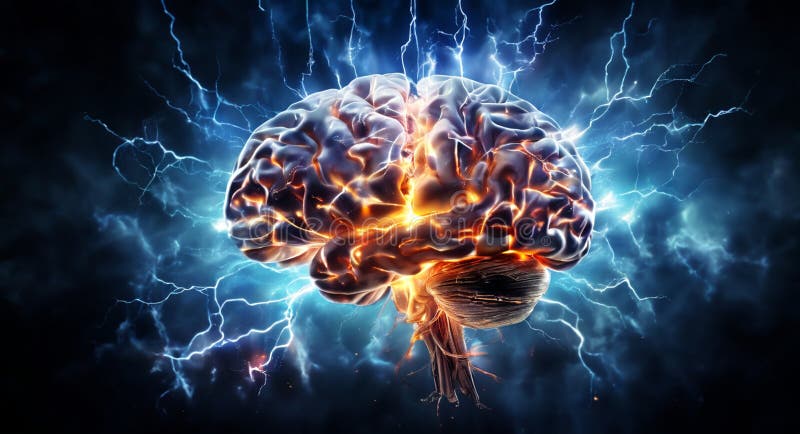 Shiny Brain in between Thunder Lightning on Dark Background Stock ...