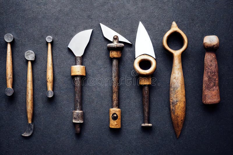 Shiny Brass Iron and Metal Processing Items on Anvil. Stock ...