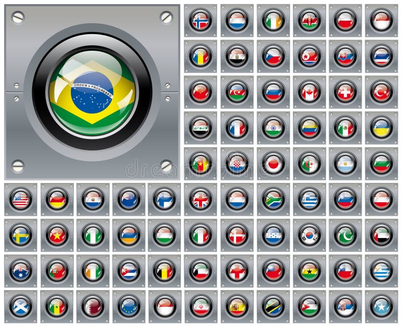 Shiny Button Flags with Metal Frame Collection Stock Illustration ...