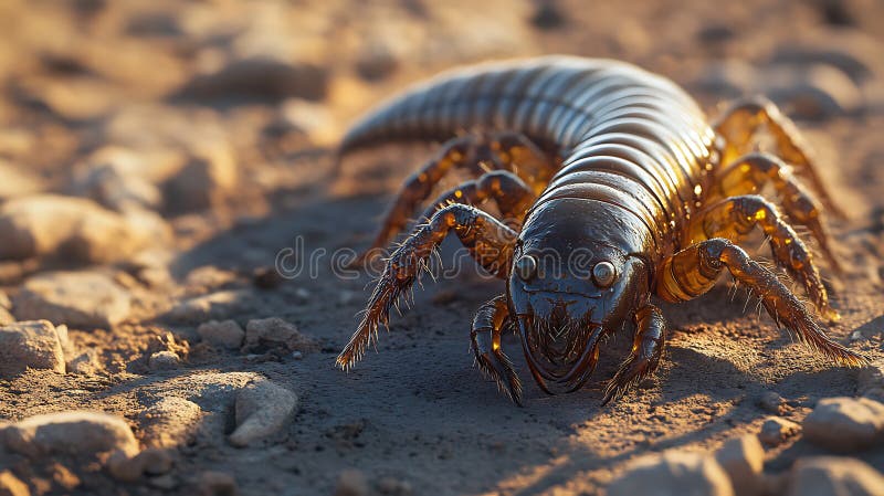 Shiny Centipede Crawling on Sandy Terrain Under Warm Golden Sunlight ...