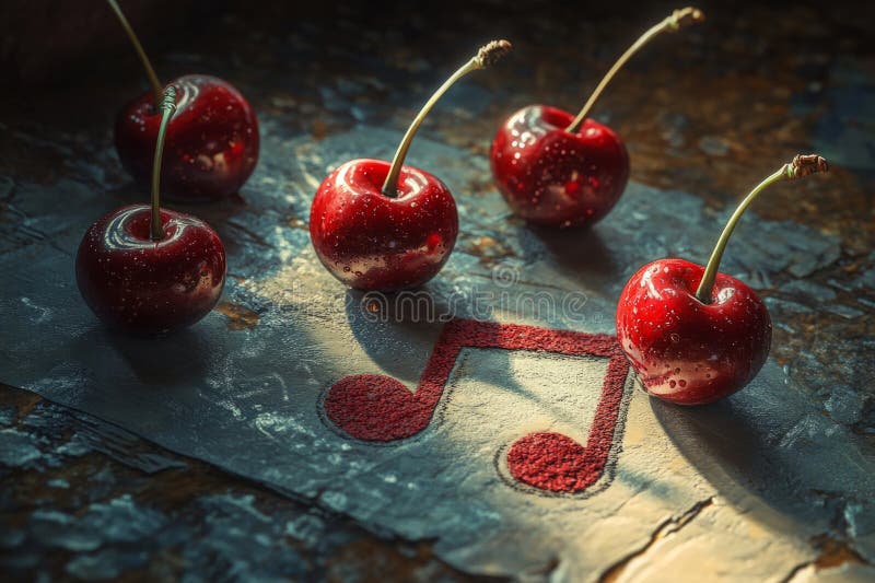 A Vibrant Scene with Shiny Red Cherries Placed Around a Music Note. the ...
