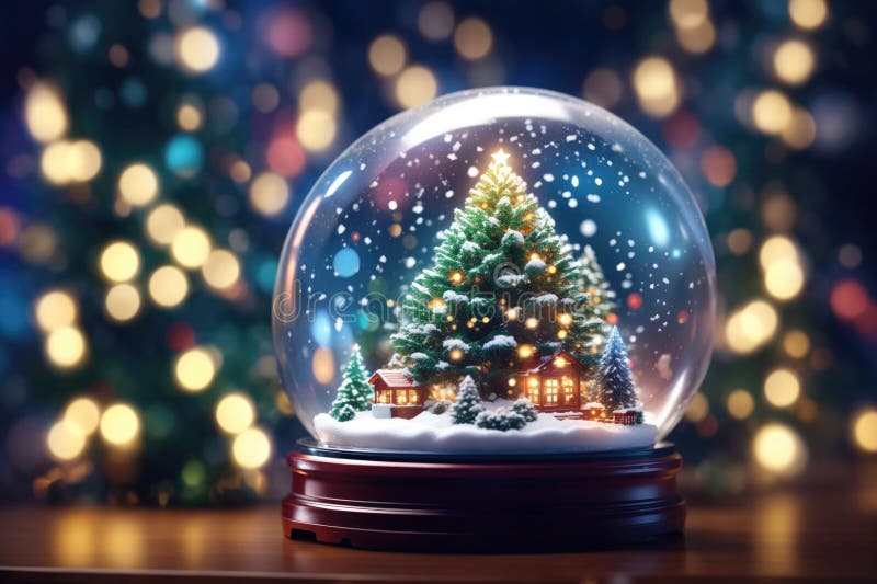 Shiny Christmas Tree in Snow Globe on Snow with Golden Lights Stock ...