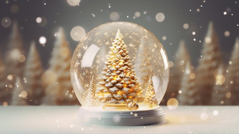 Shiny Christmas Tree in Snow Globe on Snow with Golden Lights ...