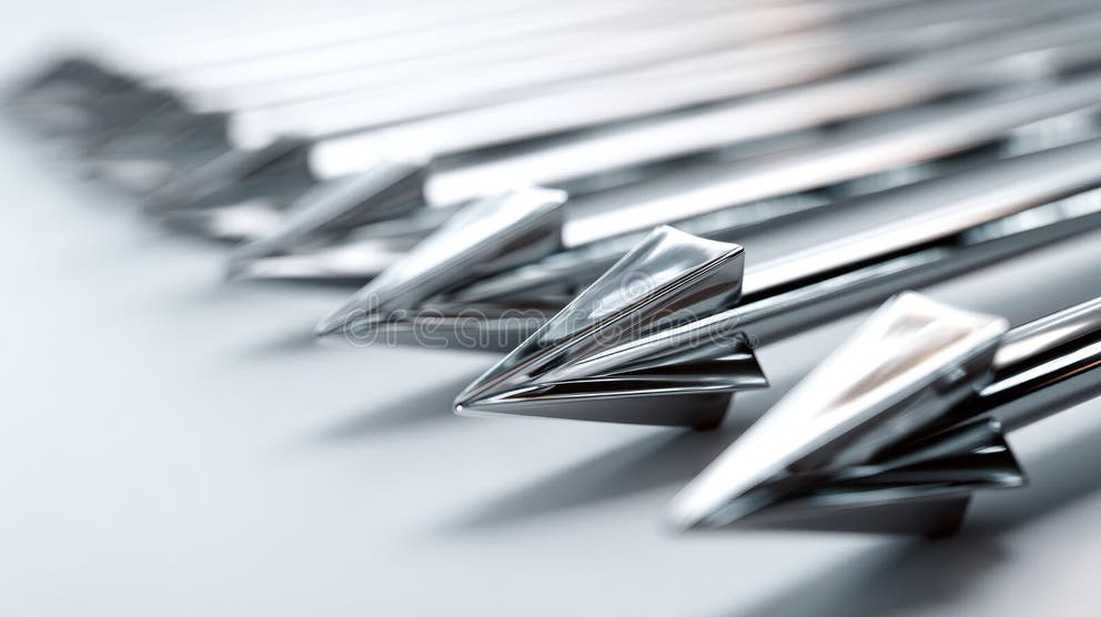 Shiny Chrome Arrows Lined in Sequence on White Surface, Close-up Focus ...