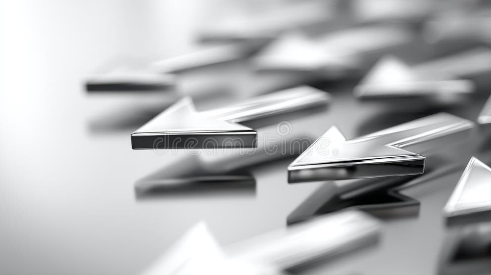 Shiny Chrome Arrows Lined in Sequence on White Surface, Close-up Focus ...