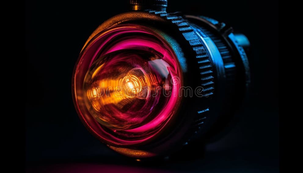 Shiny Chrome Camera Lens Reflects Bright Spotlight on Black Background ...
