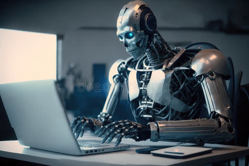 Shiny Chrome Exoskeleton Android Robot Typing on a Laptop. AI Generated ...