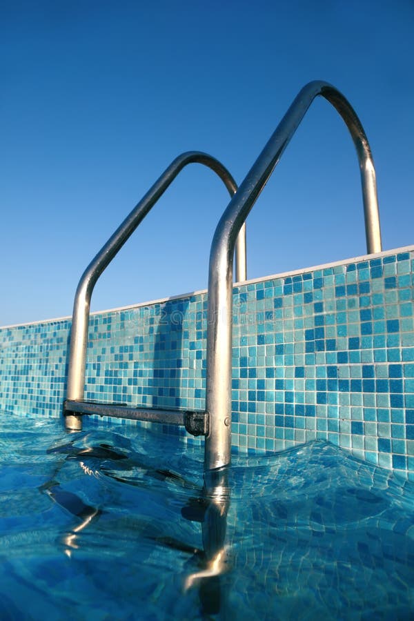 Shiny Chrome Ladder into Pool, Blue Sky Stock Image - Image of summer ...