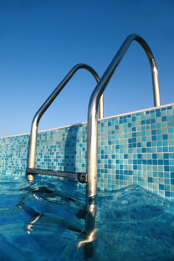 Shiny Chrome Ladder into Pool, Blue Sky Stock Image - Image of summer ...