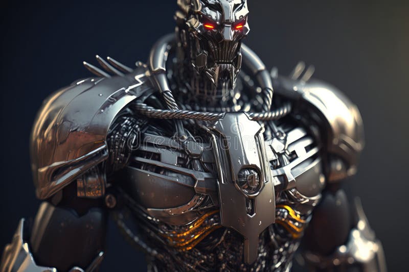 Shiny Chrome Exoskeleton Android Robot Typing on a Laptop. AI Generated ...