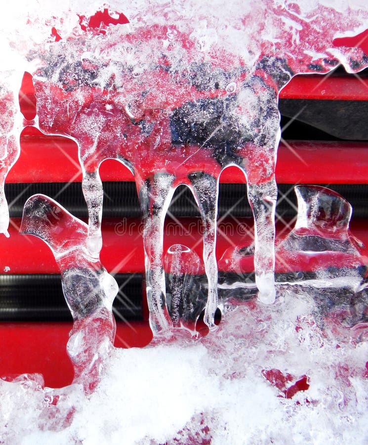 Shiny Clear Ice Icicles Hang on a Red Car Surface Stock Photo - Image ...