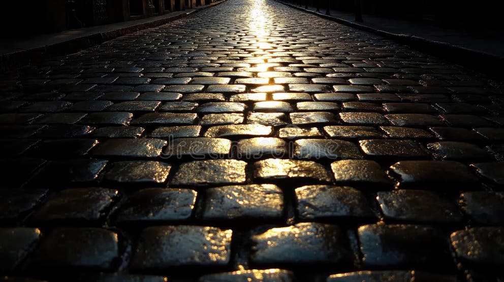 Shiny Cobblestone Pathway at Sunset with Warm Sunlight Reflection Stock ...
