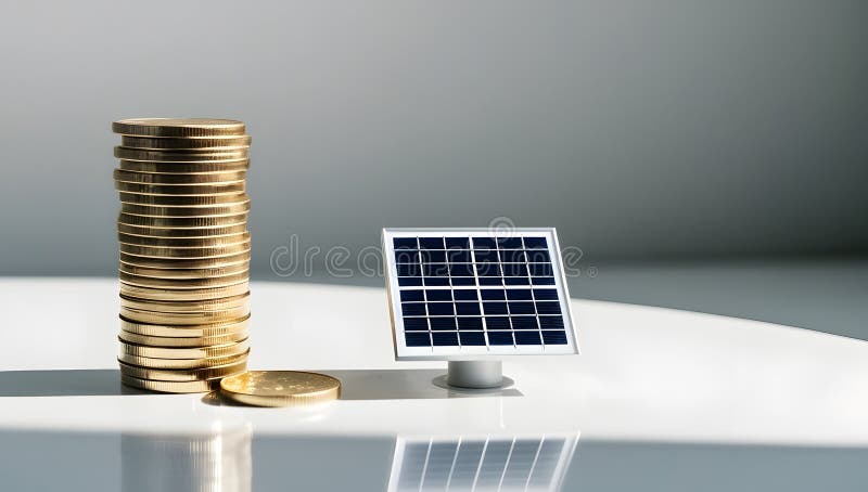 Shiny Coins and Solar Panel Model on a Bright White Background ...